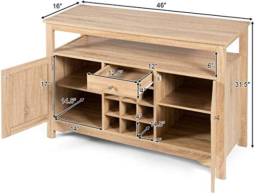 ReunionG Buffet Sideboard, Wine Console Table, Wooden Kitchen Organizer w/2 Cabinets, 1 Drawer and 9 Wine Cabinets, Farmhouse Storage Cupboard, Wine Rack, Server Table, Dining Room Furniture (Natural)