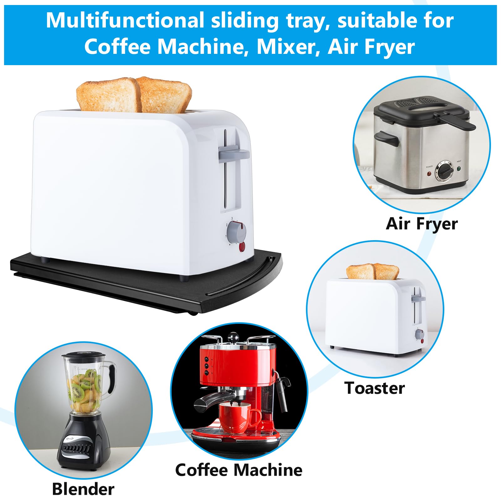 6 Pcs Sliding Tray for Coffee Maker Coffee Slider for Countertop Stand Mixer Mat Slider Caddy Storage Shelf Kitchen Appliance Sliding Tray Stand Organizer with Smooth Rolling Wheels for Air Fryer Pot