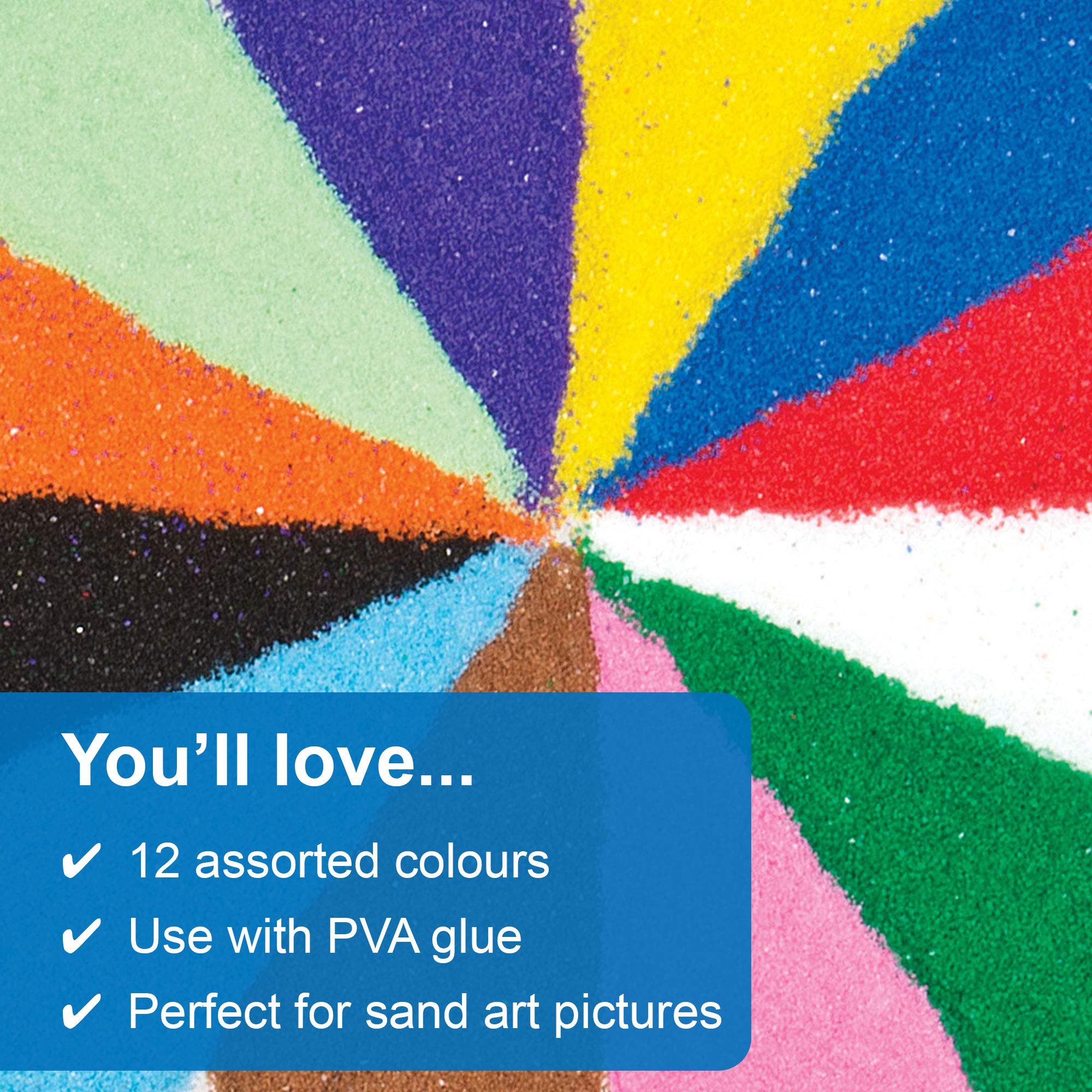 Baker Ross-AG211 Mini Bags of Coloured Sand for Kids Art Supplies, Crafts & Textured Paint Effects (Pack of 12 x 40g), 40H, Assorted 12 Pack