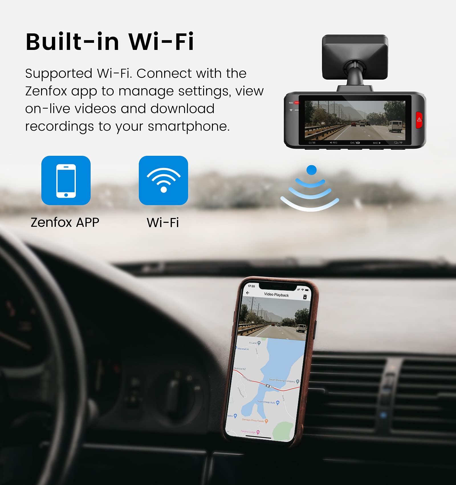 4K Dual Channel Dash Cam, Built-in Wi-Fi GPS, 4K + 1080P Front and Rear Dashcam, 2.4 Inches Large Screen, Supercapacitor, Parking Mode, Motion Detection, Emergency recording,Zenfox U1