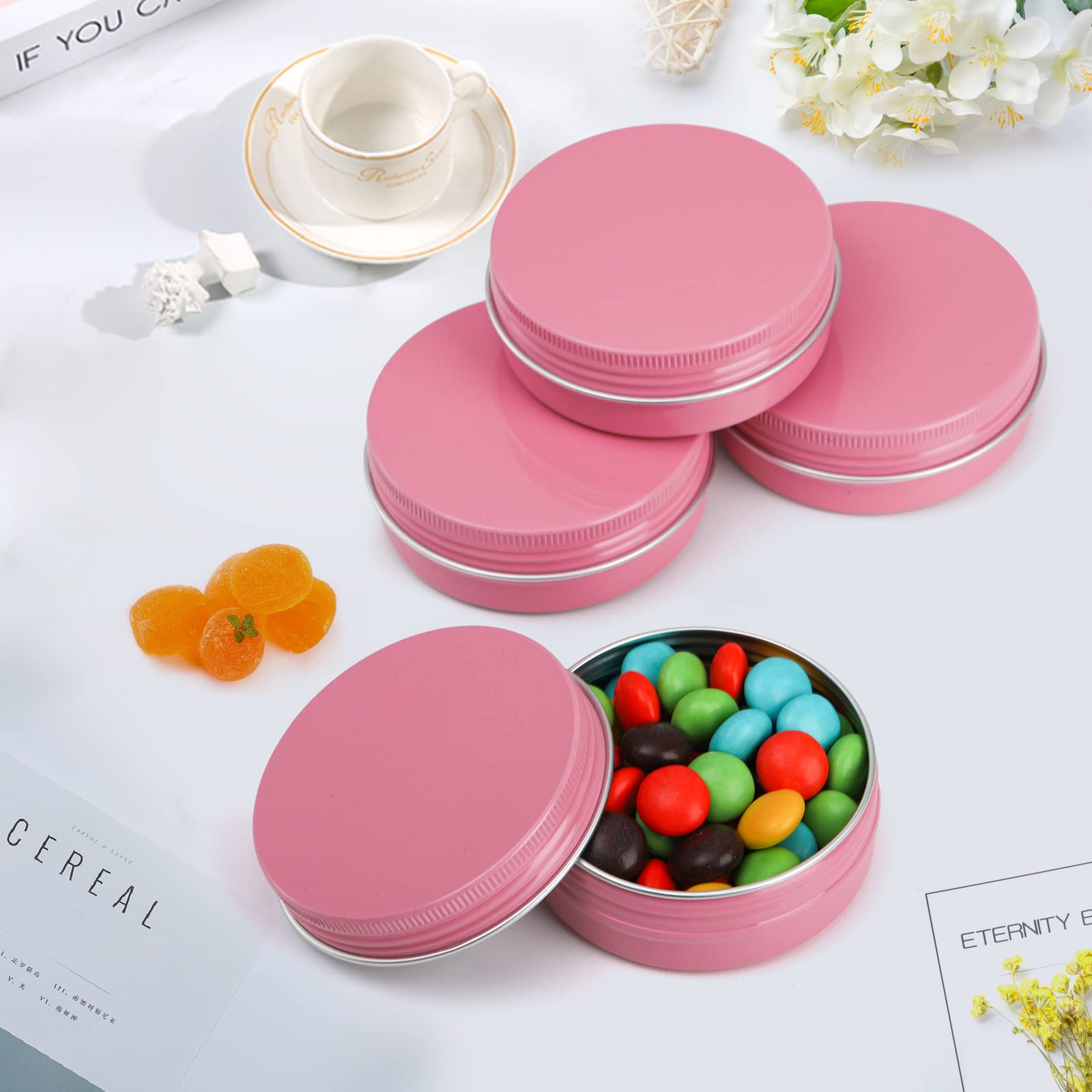 Foraineam 48 Pack 2 oz Screw Top Round Tin Cans with White Labels, Pink Aluminum Cosmetic Sample Containers, Metal Empty Tins Travel Storage Tin Jars for Lip Balm, Salve, Spice, Candy or Crafts