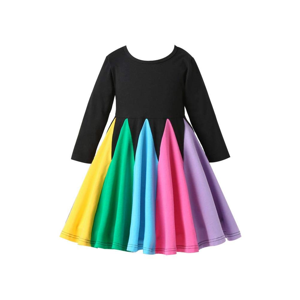 Toddler Baby Girls Rainbow Ruffle Strap Tutu Dress Casual Cotton Twirly Skater Skirt Kids Princess Birthday Outfits Summer Sundress Clothes Pageant Party A Line Dresses Black (Long Sleeve) 4-5T