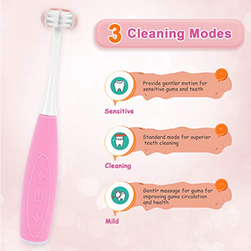 LEYUYO Electric Toothbrush Kids Sonic Cleaning 31000 Strokes Rechargeable Tooth Brush with Timer, 2 Bristles, 3 Modes, Pink