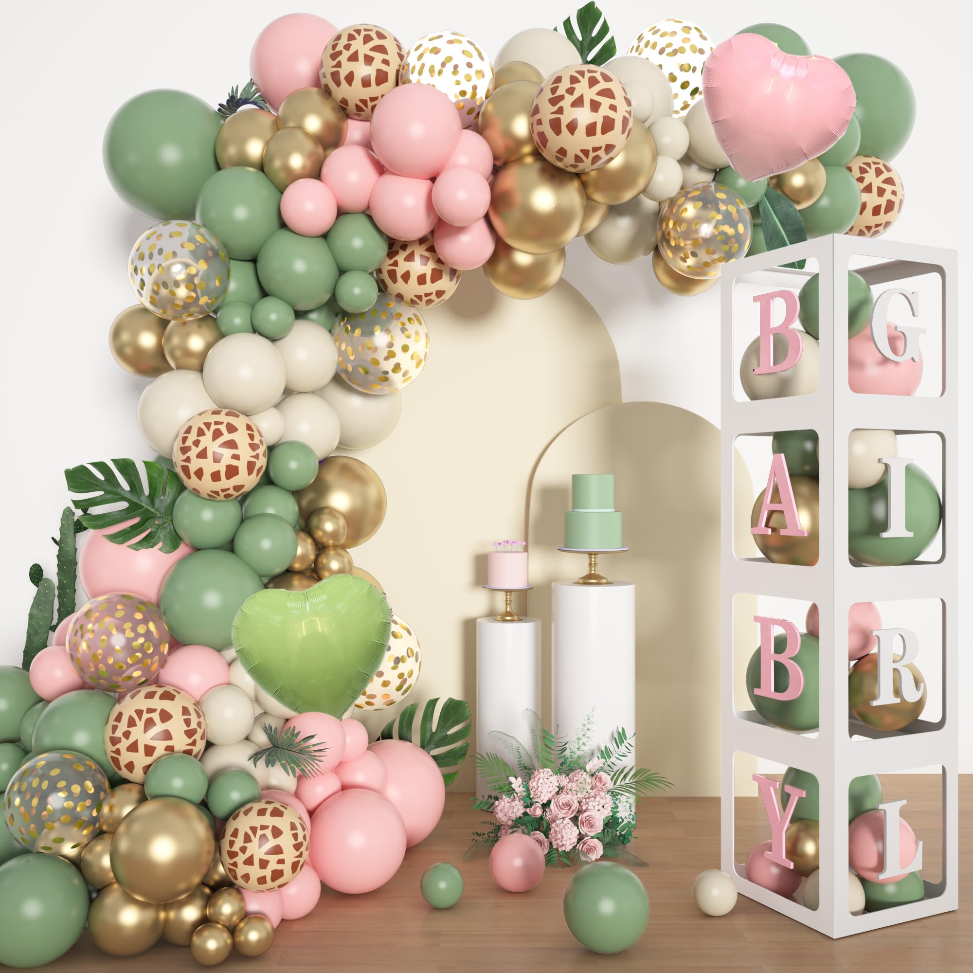 Amandir Baby Boxes Sage Green Baby Shower Decorations for Girl, Pink Gold Sage Green Balloon Arch Baby Blocks Letters Animal Jungle Safari Balloons Gender Reveal Two Wild One Birthday Party Supplies