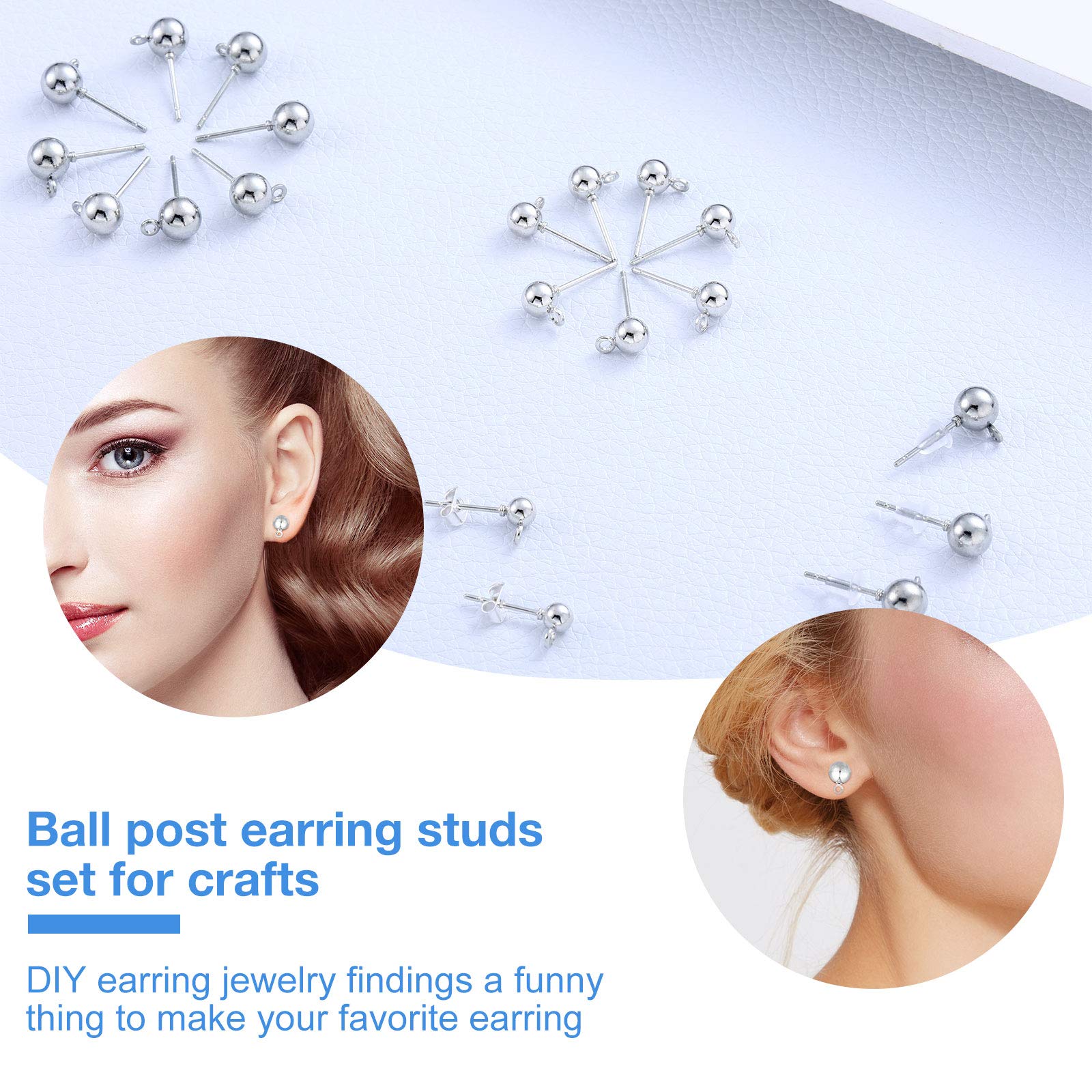 780 Pieces 3 Sizes Ball Post Earring Studs with Loop 4 mm 5 mm 6 mm Round Ball Earring Posts, Butterfly Earring Backs, Silicone Clear Earring Backs, Open Jump Rings for DIY Jewelry (Silver)