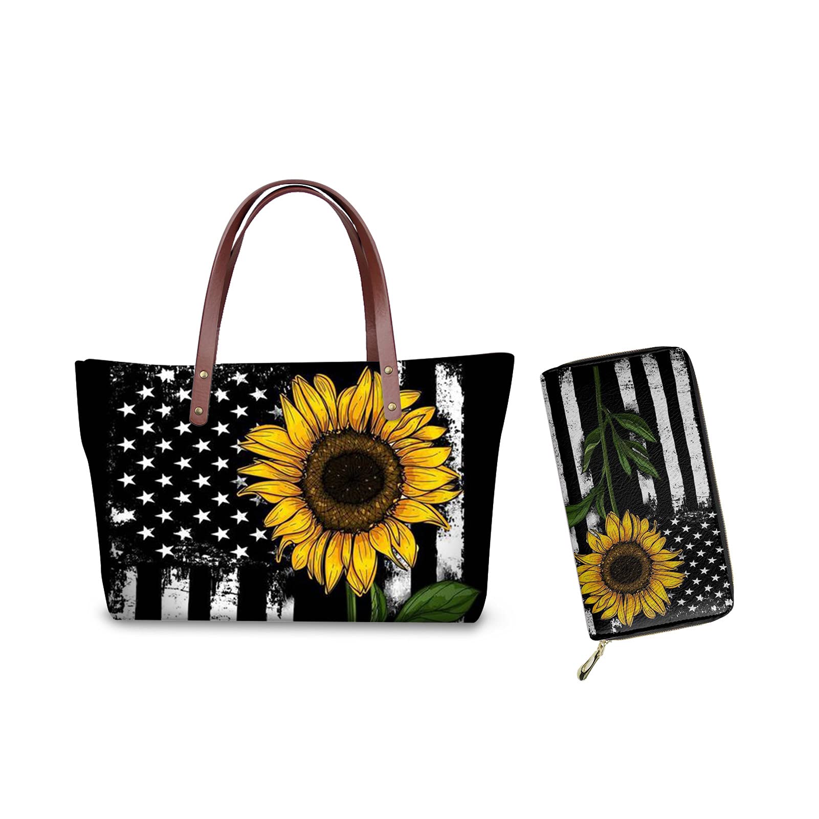 Coloranimal Sunflower Shoulder Handbag for Women Vintage American Flag Crossbody Top Handle Tote Purse Set with PU Leather Card Bag Clutch Wallet 2pcs
