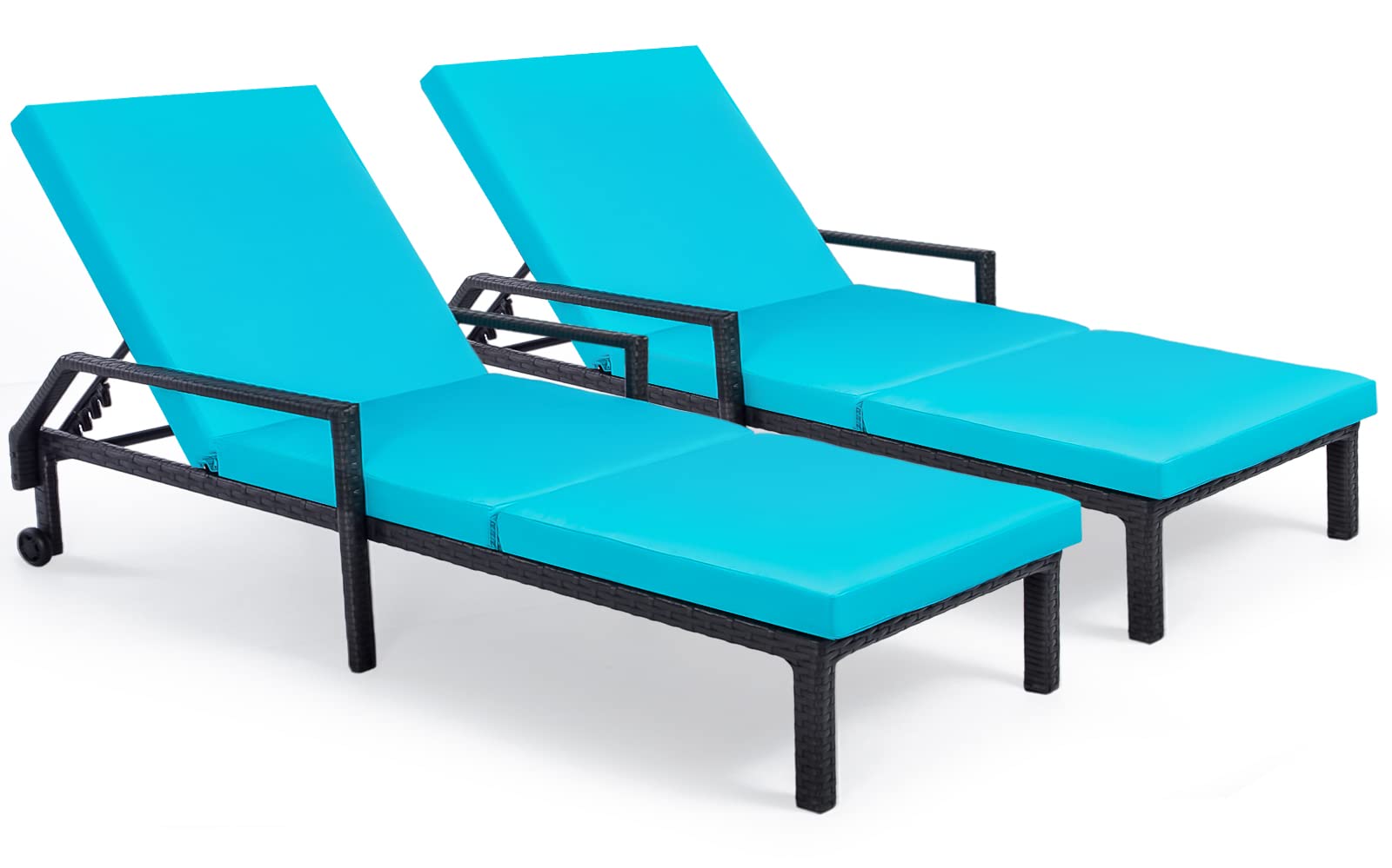 AECOJOY Chaise Lounge Chairs for Outside Outdoor Lounge Chairs Set of 2, Adjustable PE Rattan Wicker Patio Pool Lounge Chair with Cushion and Wheels for Poolside Backyard Deck Porch Garden, Blue