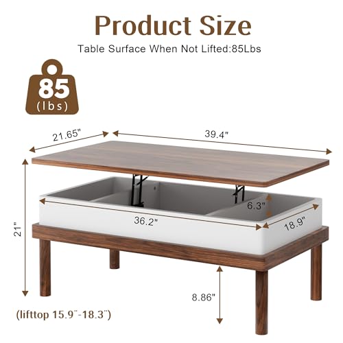Shintenchi Coffee Table, Lift Top Coffee Table with Hidden Compartment, Rising Tabletop Dining Table, Lift Top Coffee Center Table for for Living Room, Office, Home (Walnut)