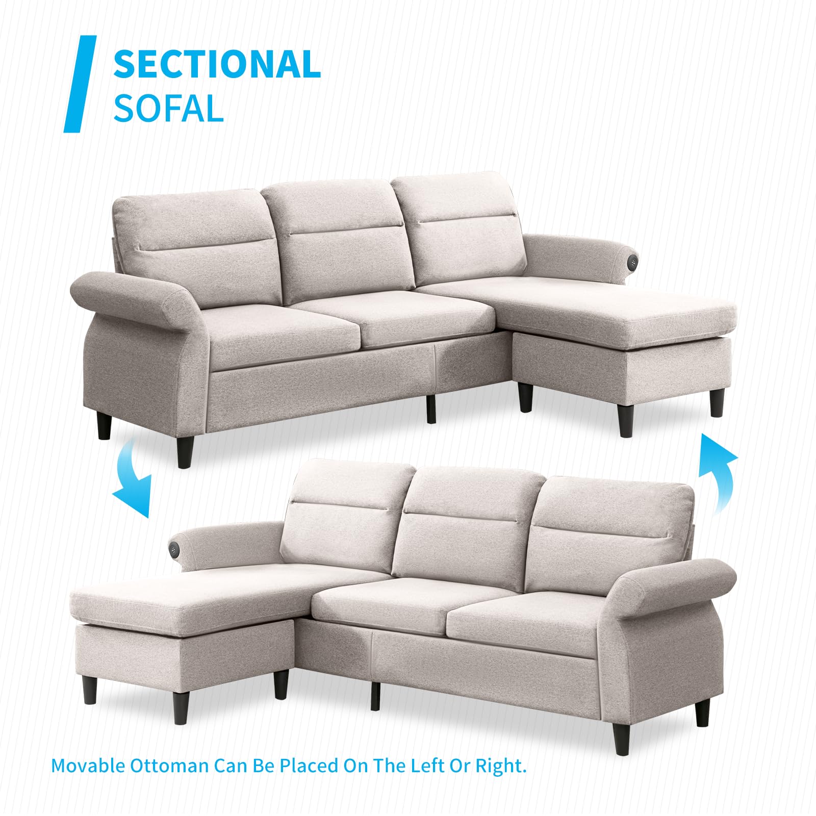 Mjkone 86" Convertible Sectional Sofa Couch, 3 Seat Sofas with 2 USB Ports and Adjustable Armrest, L Shaped Couch with Reversible Chaise, Couches for Living Room Apartment Office - Beige