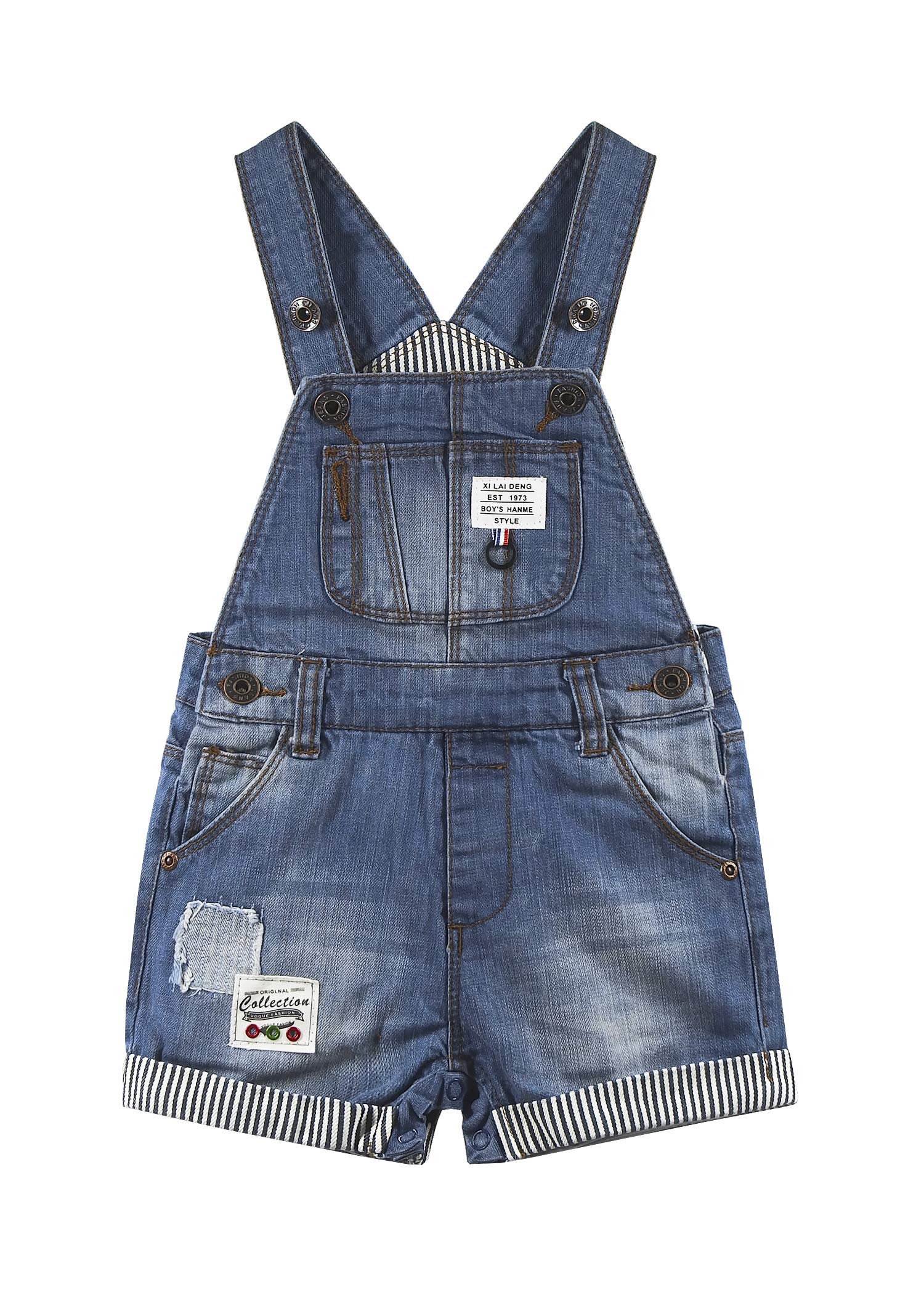 KIDSCOOL SPACE Baby & Little Boys Big Bib Pocket Stripe Cuffed Bottom Denim Shortalls,Blue,2-3 Years