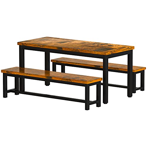 AWQM 43.3" Dining Table Set for 4, Kitchen Dining Table with 2 Benches, Dining Room Table Set with Metal Frame & Thickened Board for Kitchen, Restaurant, Rustic Brown