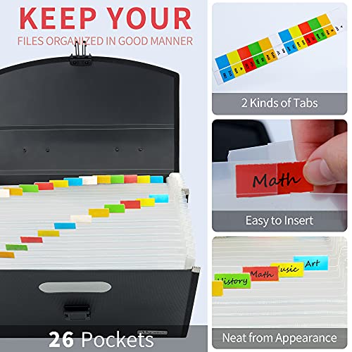 Uquelic 26Pockets Expanding File Folder - Upgraded Durable Buckle, Base with Ergonomic Portable Handle/Large A4 Letter Size Expandable File Organizer/Accordion Filing Document