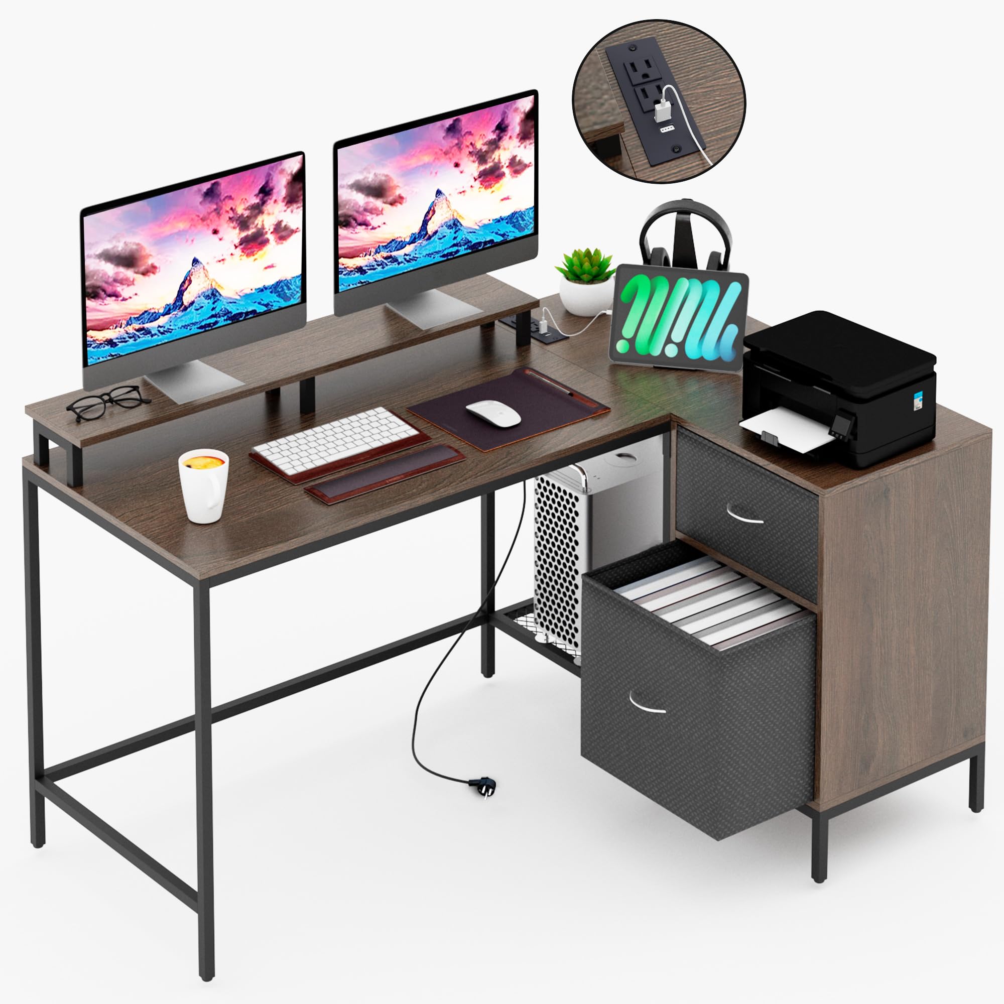 Edbuosy 54" L Shaped Desk with File Drawers, Office Computer Desk with Outlet, Monitor Shelf & Storage, Corner Desk for Home Office, Rustic Brown