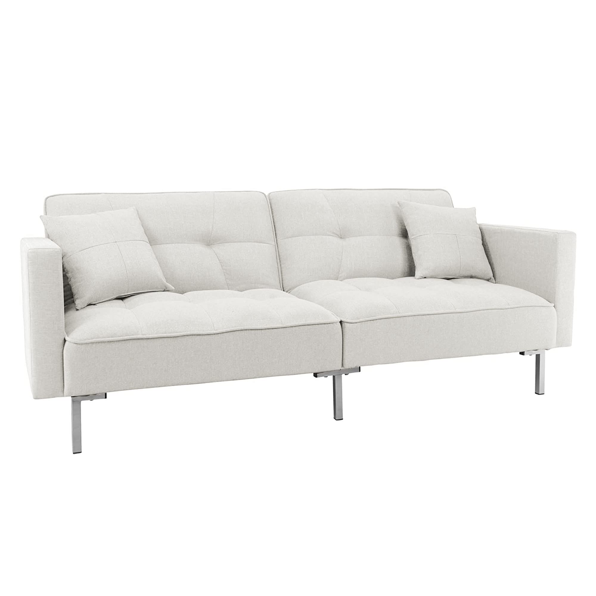 Majnesvon Linen Convertible Futon Sofa Bed, 2-in-1 Sleeper with 2 Pillows, 3 Adjustable Angles for Backrest, Living Room Couch 5 Sturdy Metal Legs, Upholstered Loveseat Home, (White)