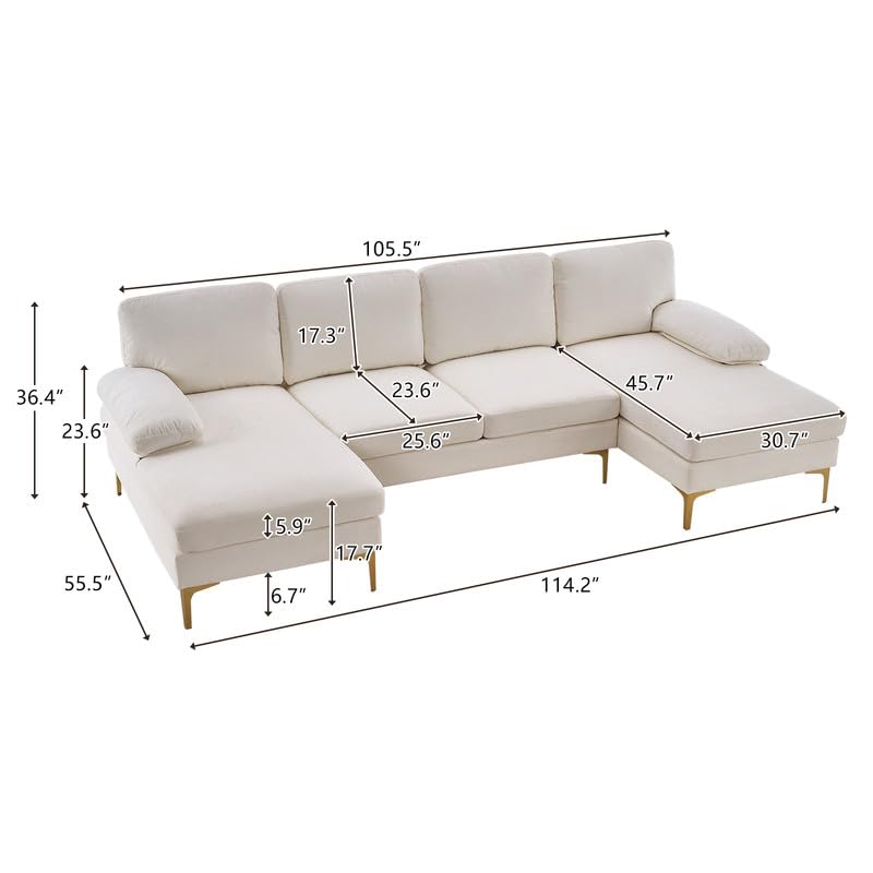 TURRIDU Couches for Living Room, Convertible Sectional Sofa Couch U Shaped Couch in Chenille with 2 Pillows and Metal Legs, 4-seat Modular Sofa for Apartment, Small Space, Lounge, White