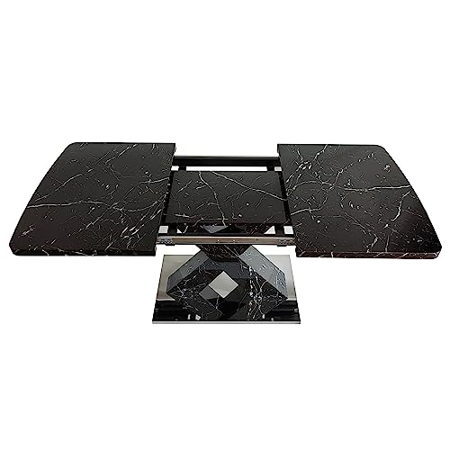 CEMKAR Modern Square Dining Table, 47.24β-62.99" L Stretchable, Printed Black Marble Table Top+MDF X-Shape Table Leg with Metal Base (Black)