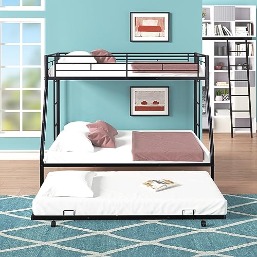 BIADNBZ Twin Over Full Bunk Bed with Trundle and 2 Built-in Ladders, Metal Heavy-Duty BunkBed Frame for Kids Teens Adults Bedroom, Black