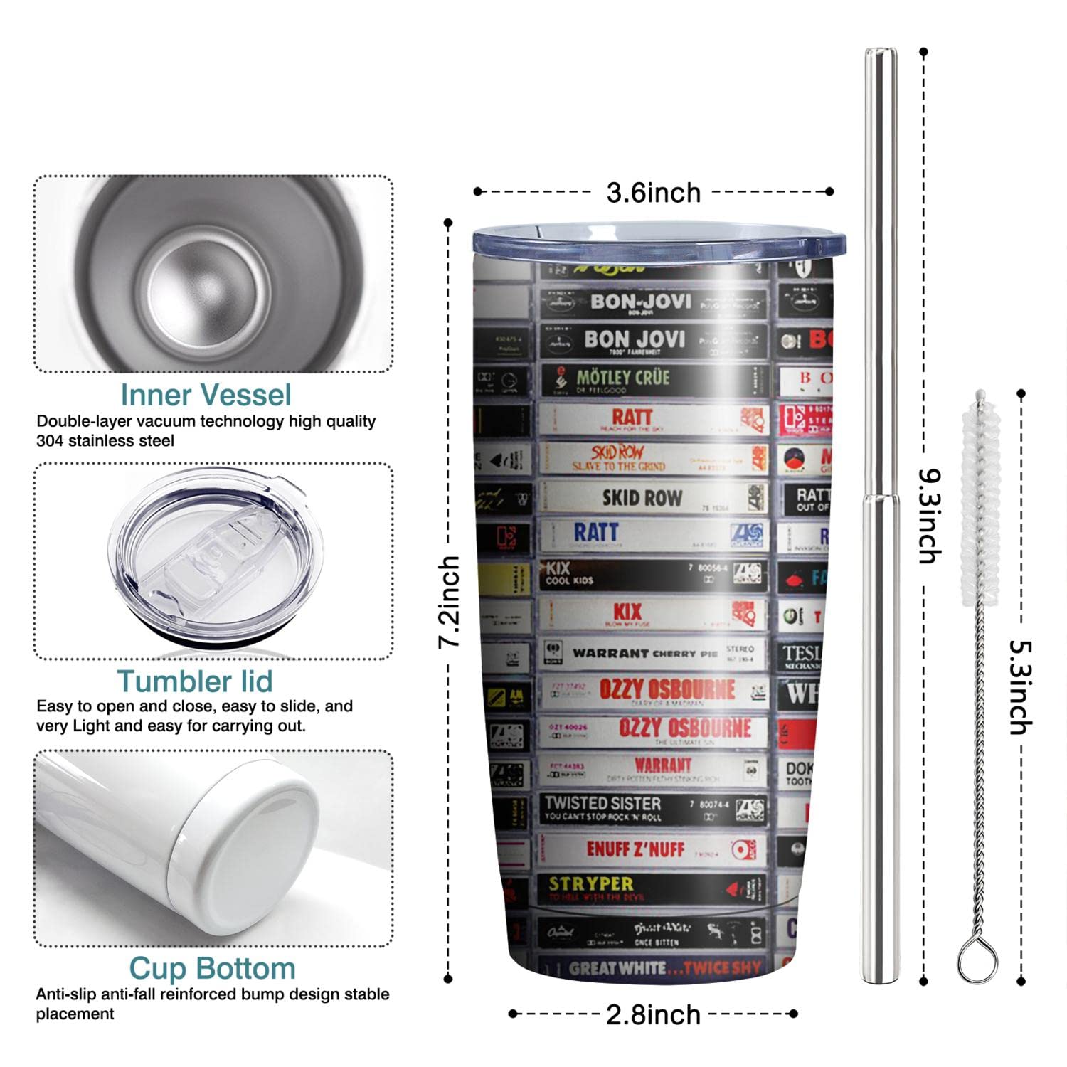 Adalore 20 oz Stainless Steel Heavy Metal Rock Tapes Travel Mug - Double Wall Vacuum Insulated Drinking Cup with Straw and Lid - Reusable