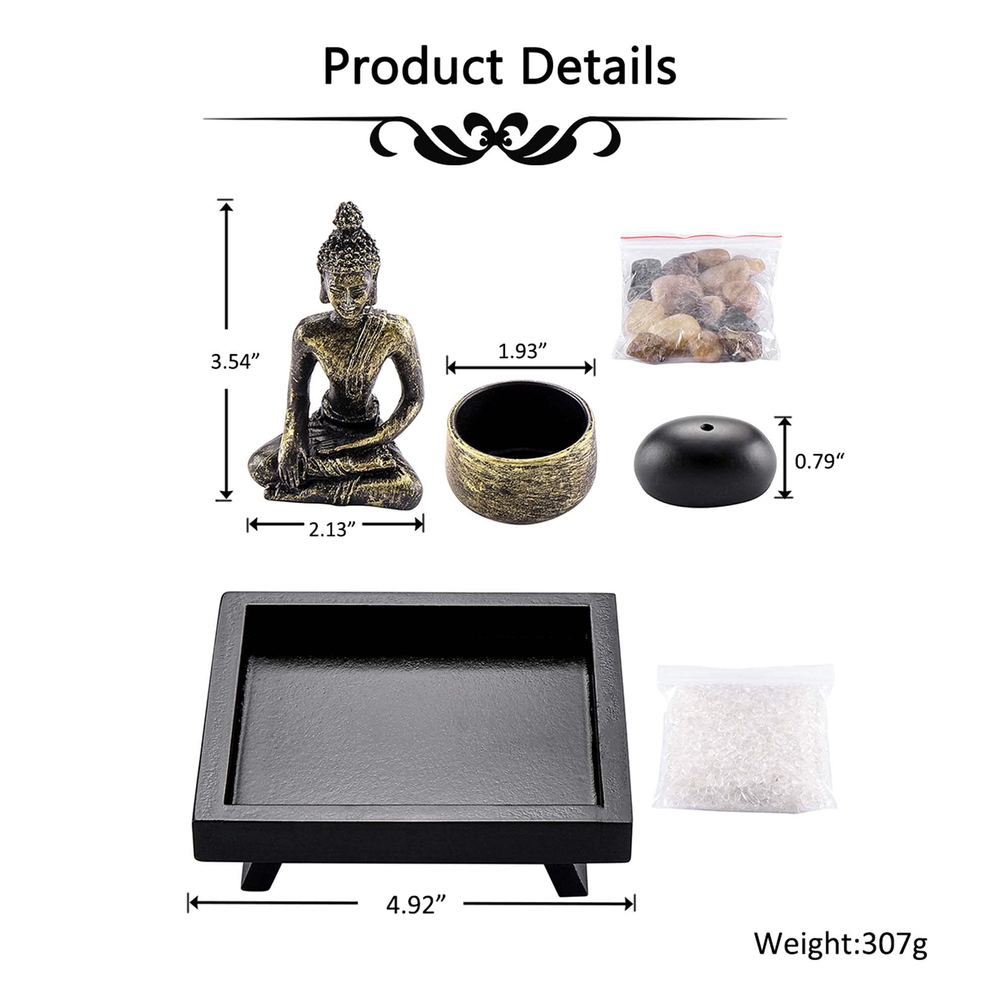 CrystalTears Meditation Zen Garden Set with Buddha Satue, Tea Light Candle Holder, Incense Burner Holder Tabletop Zen Garden Gift for Home Decor