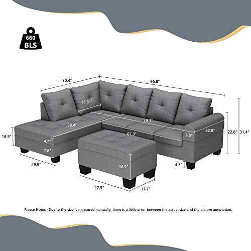 AWQM Upholstered Sectional Sofa for Home, Apartment, Dorm, Bonus Room, Compact Spaces w/Chaise Lounge, 5-Seat, L-Shape Design, Reversible Ottoman Bench, Living Room Funiture