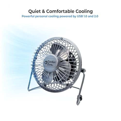 Comfort Zone Mini Portable Desk Fan with 360-Degree Adjustable Tilt, Dual Powered (USB or Power Cord), 4 inch, All-Metal Construction, Airflow 3.31 ft/sec, Ideal for Home, Bedroom & Office, CZHV4S
