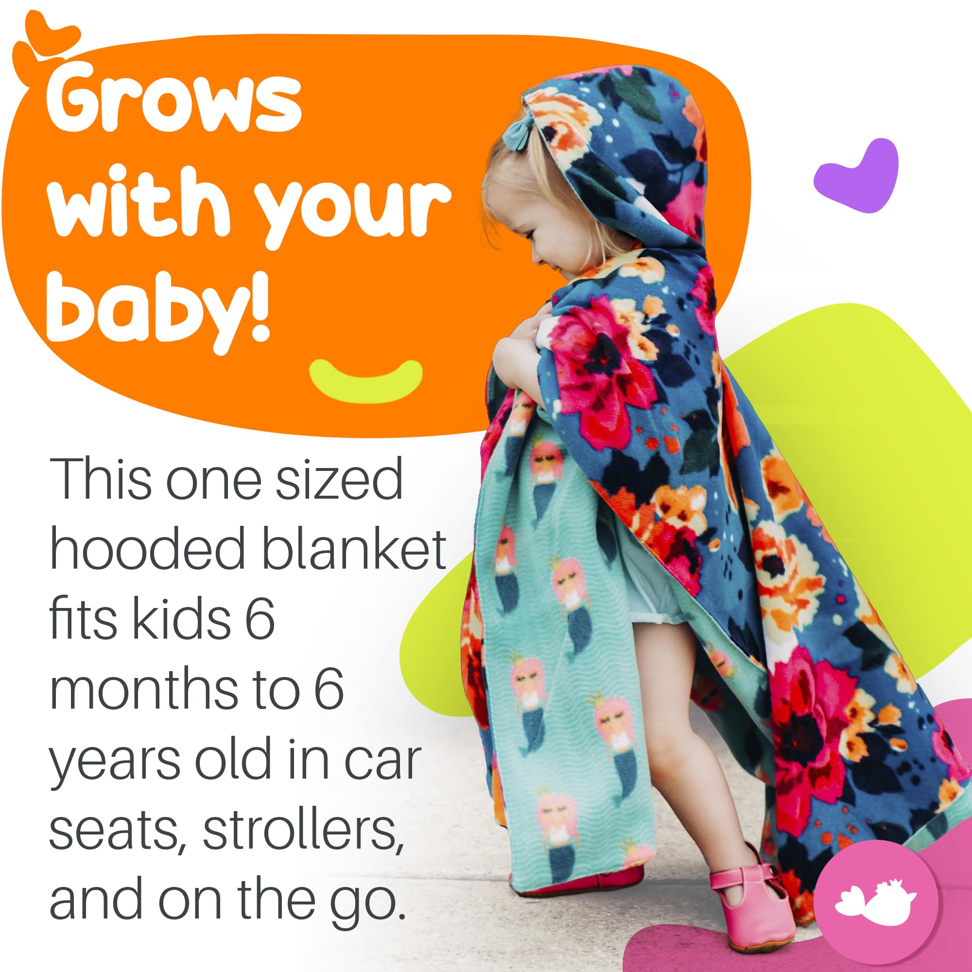 Birdy Boutique Car Seat Poncho for Kids – Safe to Use Over Seat Belts – Reversible Warm and Cozy Blanket – Easy on Easy Off and Doesn’t Impact Car Seat Performance – Mermaid Floral – One Size