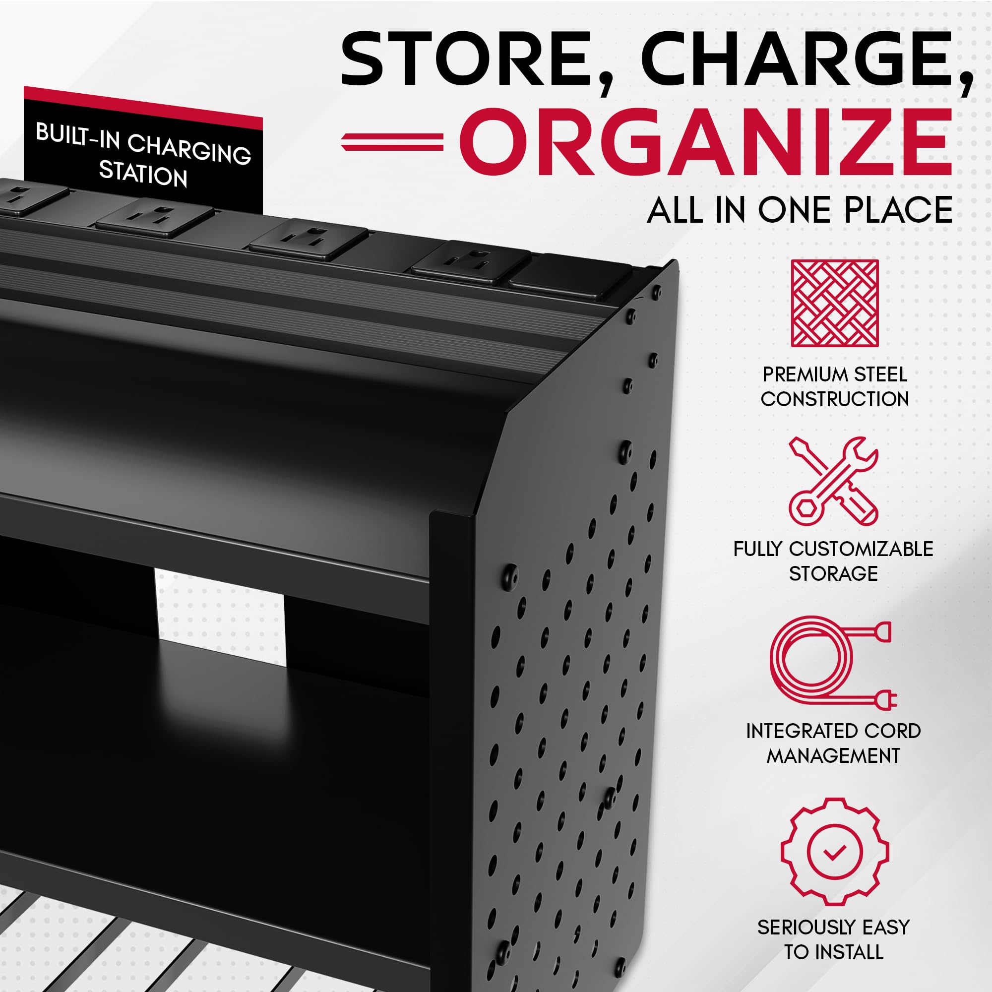 RACKED Power Tool Organizer Wall Mount - Heavy Duty Garage Organization w Side Pegboard, Outlet Charging Power Strip & Drill Holder - Easy to Install Tool Storage Rack for Screws & More