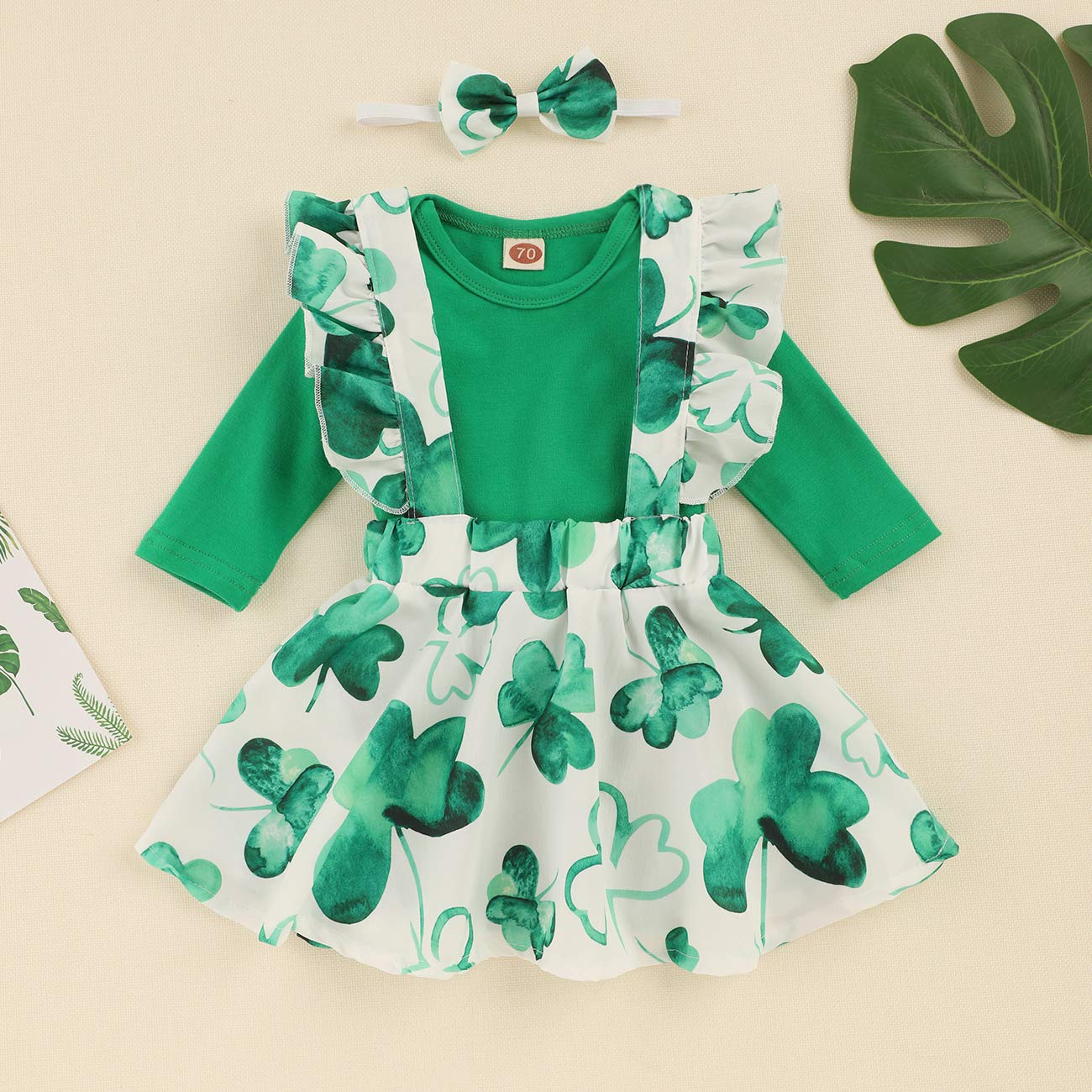TUEMOS Baby Girl St Patrick's Day Outfit Ruffle Romper Four Leaf Clover Skirt My First St. Patrick's Outfit Set