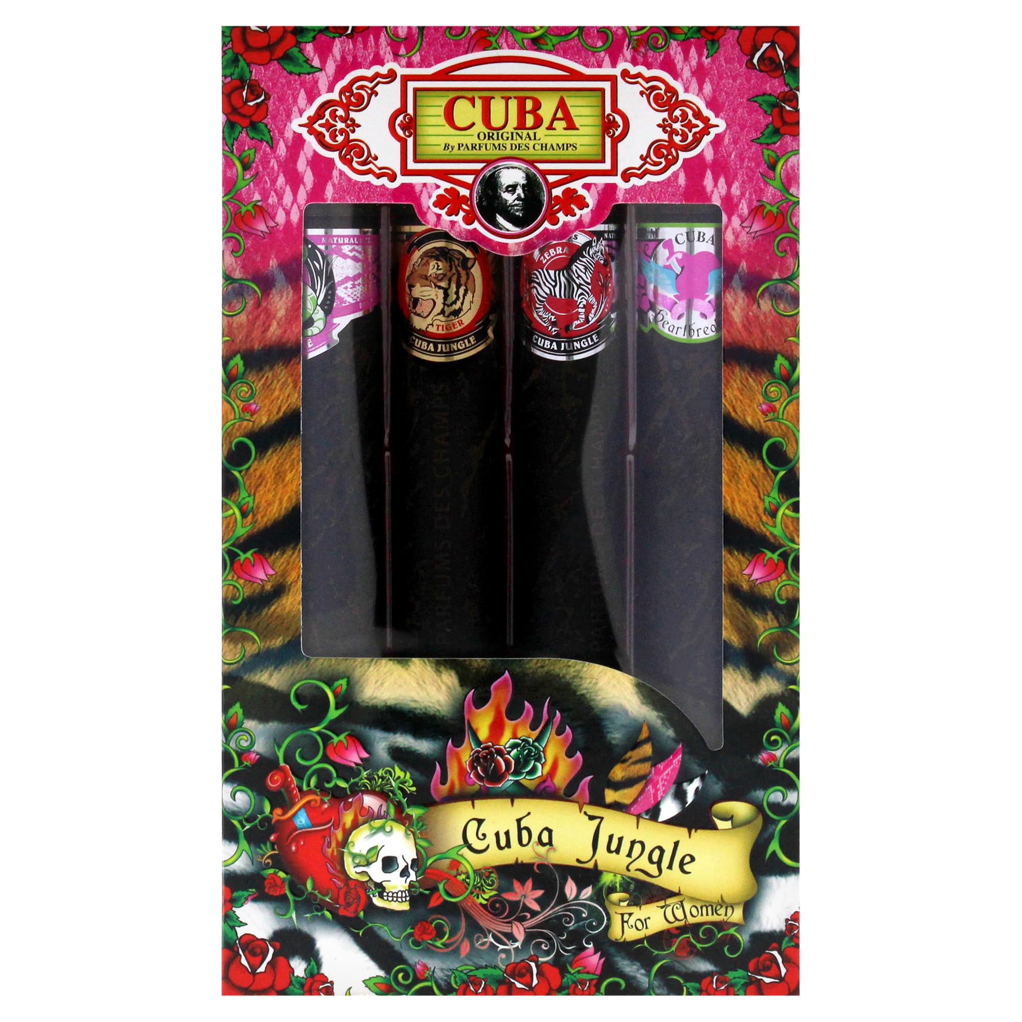 Cuba Original by Parfums Des Champs Jungle Collection 4-Piece Perfume Variety Gift Set - Includes Cuba Snake, Cuba Tiger, Cuba Zebra, and Cuba Heartbreaker - 1.17 Oz Perfume (EDP) Each