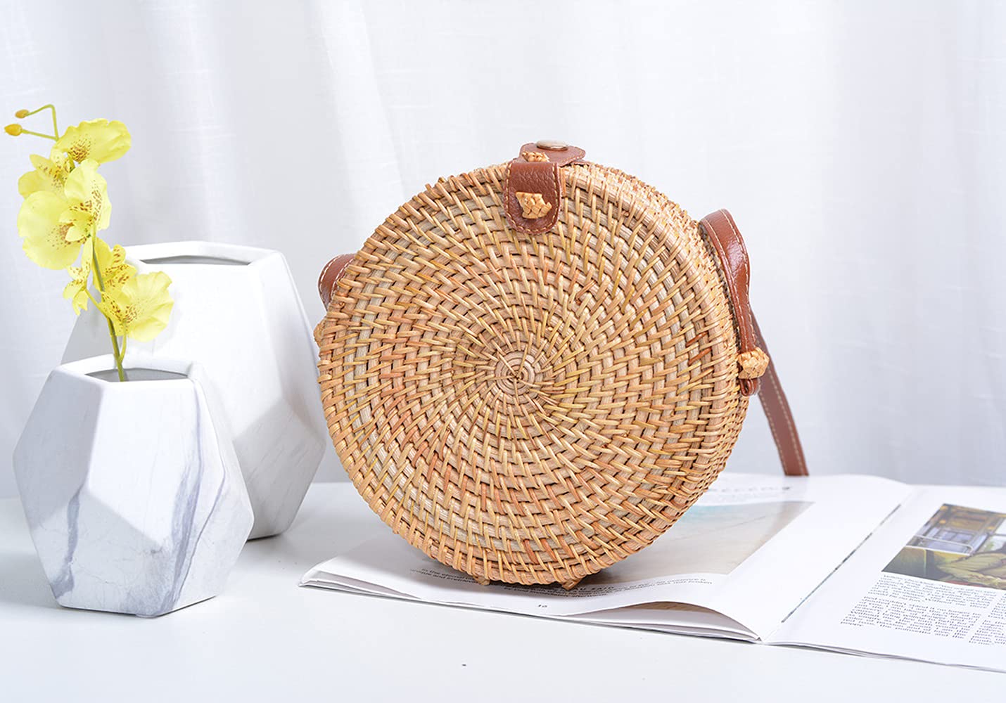 SHAREYOIU Handwoven Round Rattan Bag Shoulders Natural Chic Hand Tropical Beach Style Woven with Leather Strap (Pure, 7 x 3.2 inches)