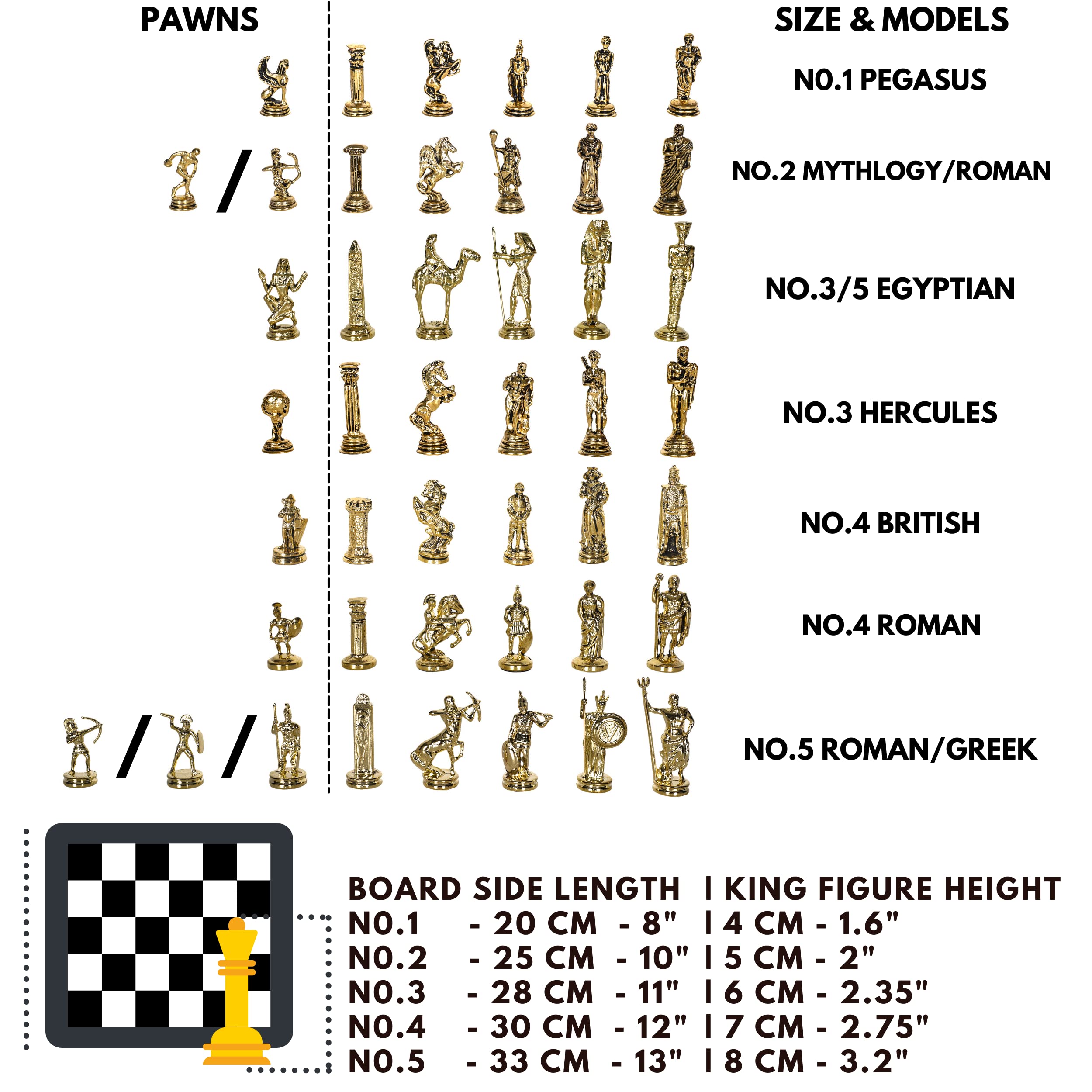Chess Set (8, 10, 12, 13 Inch) - Greek Mythology, British, Roman Metal Pieces, Marble Look Wooden Chess Board… (NO2 Roman)
