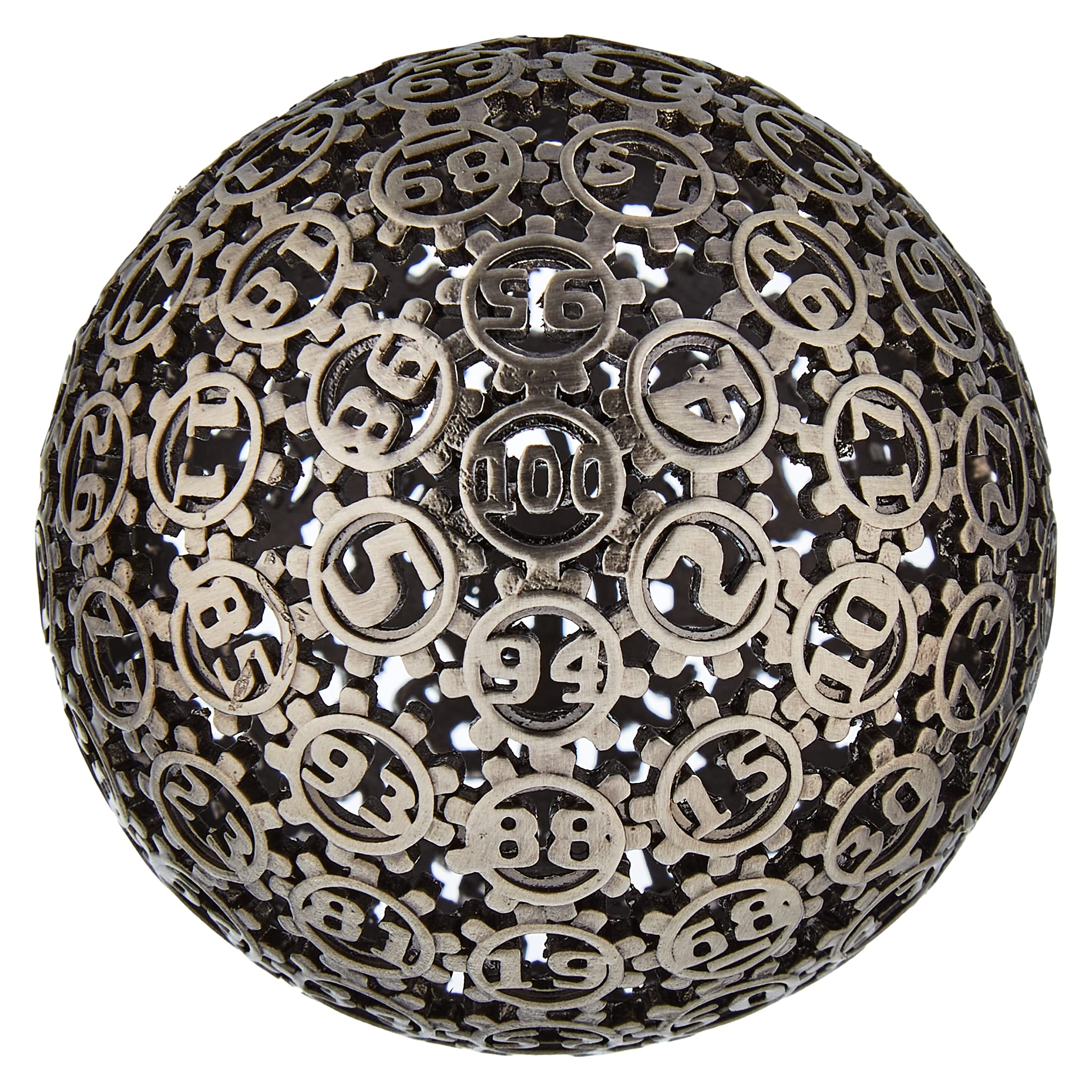 Clockwork Hollow d100 Polyhedral Dice in Protective Case - Giant 45mm Metal 100 Sided Die with Steampunk Gears - Premium Novelty Tabletop RPG Fantasy Accessory Roleplaying Games DND (Ancient Silver)