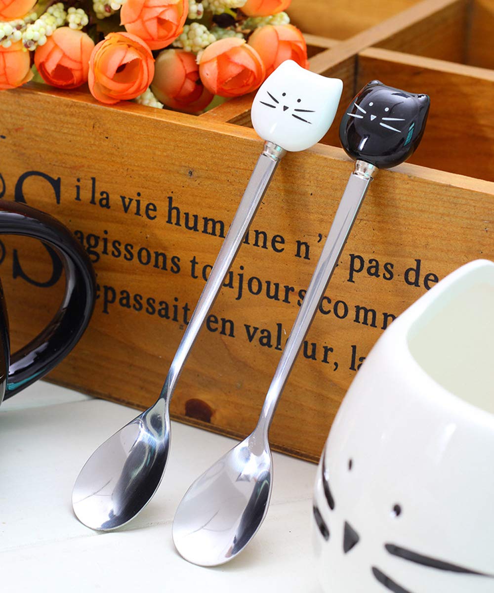 Honbay 2PCS Cute Cat Spoon Stainless Steel Tea Spoon Coffee Spoon Sugar Spoon for Cat Mug, Black and White