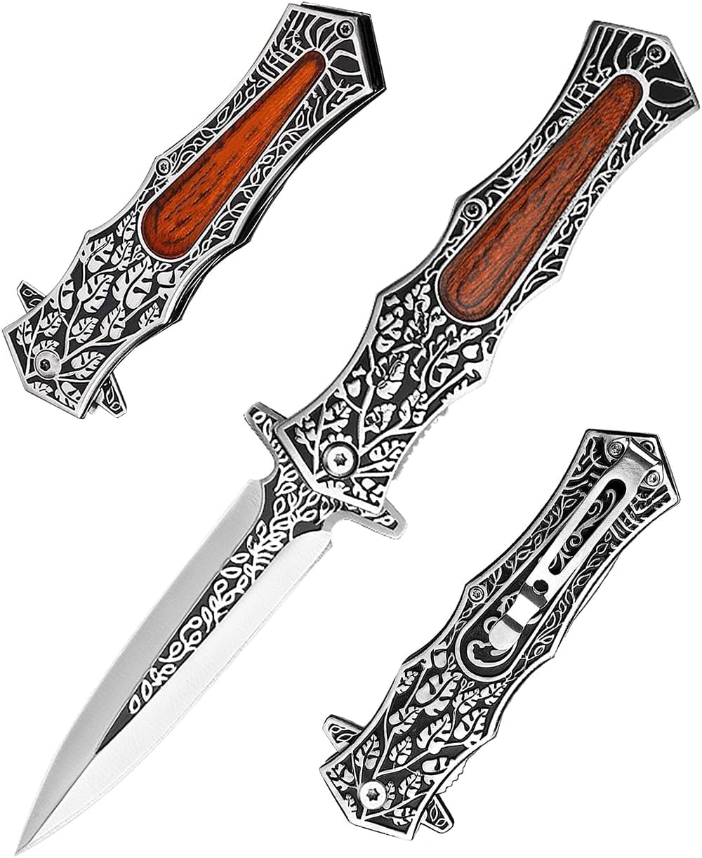 SELUCREH Folding Knife Stainless Steel Blade with 3D Retro Embossed Pattern, Pocket Clip for Men,Sharp Camping Survival Hiking Knives (Sword Type)