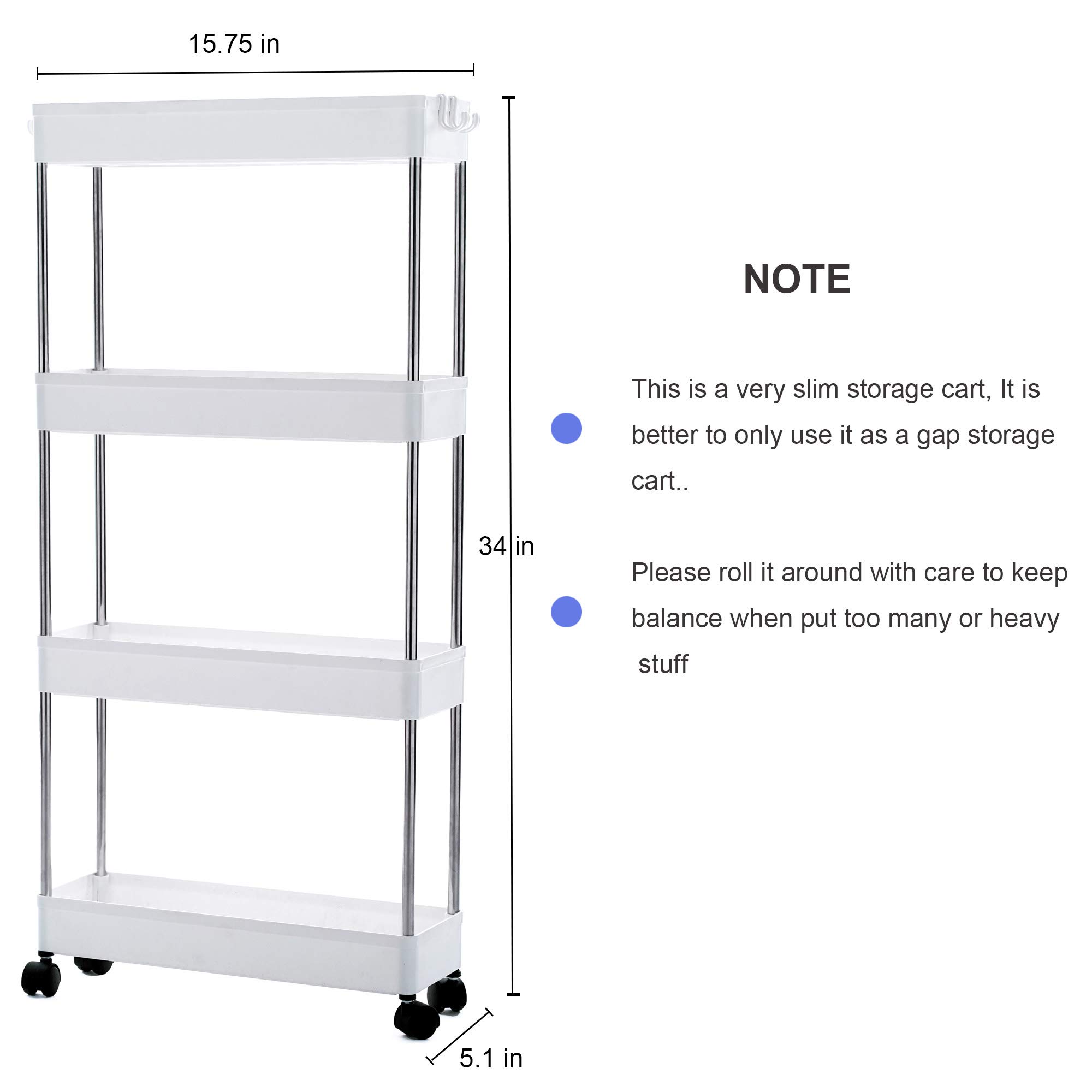 4 Tier Slim Storage Cart, Mobile Narrow Rolling Cart with Wheels, Conveniently Slide Out Organizer Shelf Cart for Kitchen Bathroom Pantry Laundry Narrow Space - Plastic (White)…