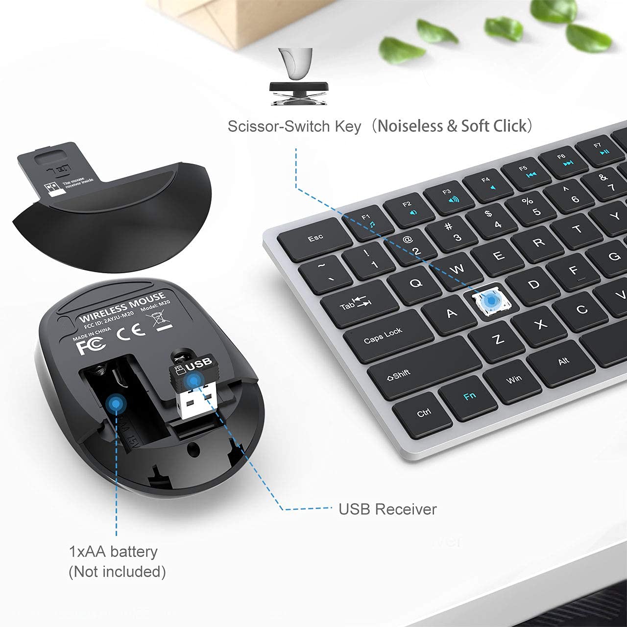 Wireless Keyboard and Mouse Combo, WisFox 2.4G Full-Size Slim Thin Wireless Keyboard Mouse for Windows, Computer, Desktop, PC, Laptop Mac (Silver and White)