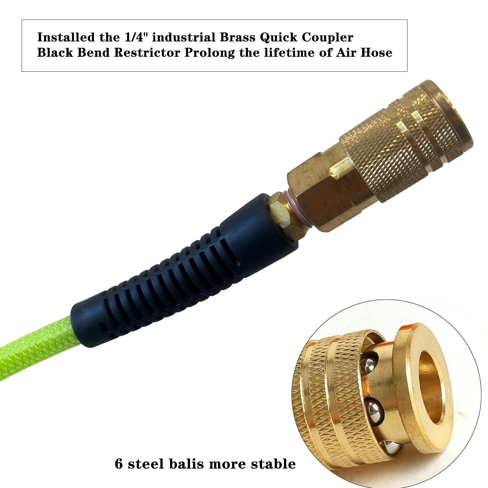 Air Hose 1/4 in x 100 ft, Polyurethane(PU), Reinforced Air Compressor Hose, Lightweight, Kink Resistant with 1/4β Industrial High Flow Quick Coupler&Plug, Bend Restrictors,300 PSI (100FT, White Green)