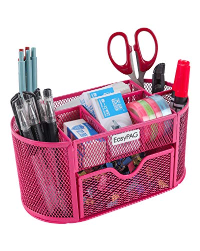 EasyPAG Desk Organizer Mesh Desktop Office Supplies Multi-functional Caddy Pen Holder Stationery with Drawer,Pink