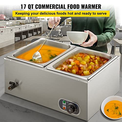 Commercial Food Warmer 850W Electric Steam Table 17 Qt Bain Marie - Stainless Steel for Buffet Catering
