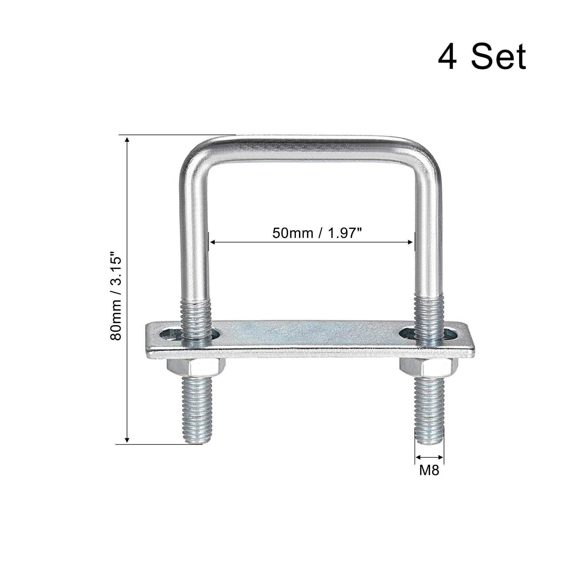 uxcell Square U-Bolts 2"(50mm) Inner Width Carbon Steel M8 with Nuts, Frame Plate, Round Washers 4 Set