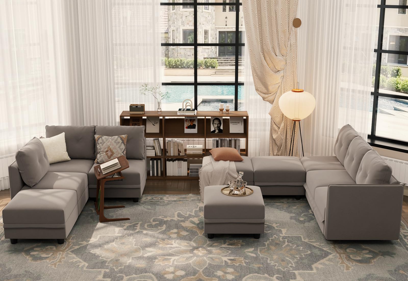 LLappuil Oversized Modular Sectional Sofa with Reversible Chaise, Velvet Sleeper Couch with Storage Seat, 10 Piece Waterproof Anti-Scratch Versatile Modern Sofas for Living Room, Grey Brown