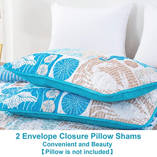 DJY Coastal Quilt Set King Coastal Blue Pattern Quilt Coverlet Set Soft Coastal Patchwork Bedspread with 2 Pillow Shams 3 Pieces Coastal Bedding Quilt Set for All Season 90"x 104"