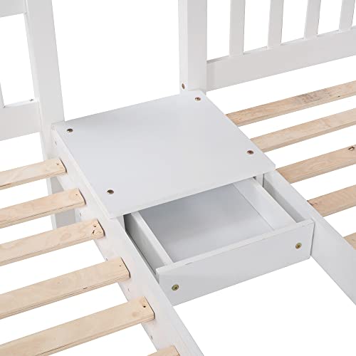 BIADNBZ Full Over Twin & Twin Triple Bunk Bed with Drawers and Guardrails, Solid Wood Bedframe for Kids Teens Adults Bedroom, White