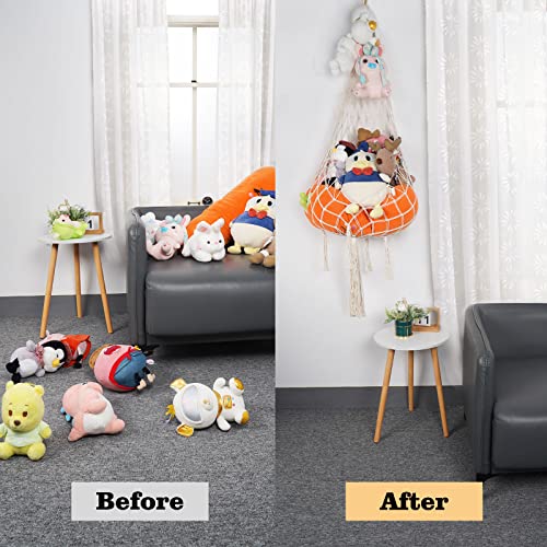 Hircviy Stuffed Animal Net or Hammock Handmade Large Macrame Toy Display Hammock Organizer for Corners, Walls and Ceiling Hanging Plushie Net Toys Holder for Kids Room Boho Storage