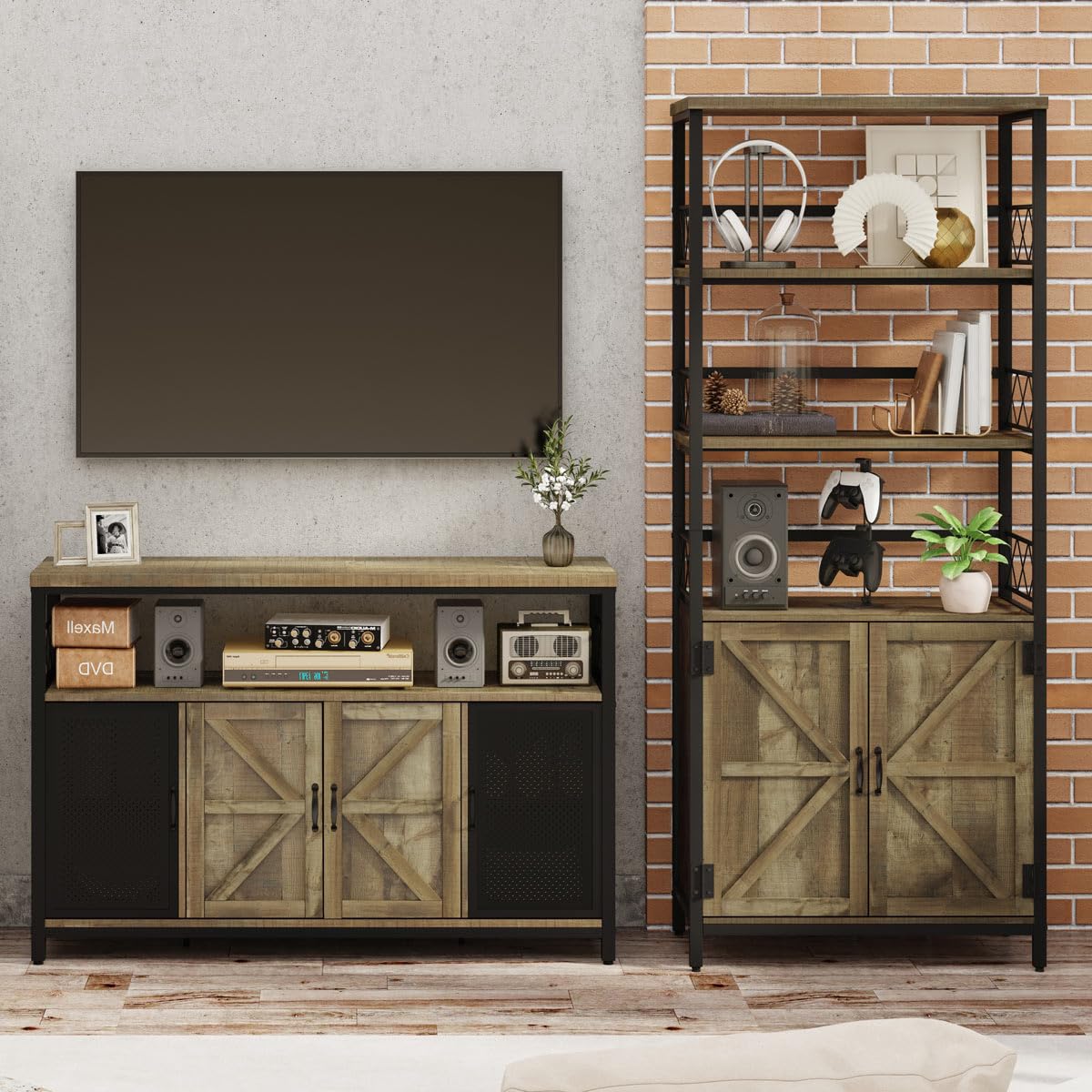 Aubtik Farmhouse Bookcase with Doors, Rustic Tall Book Shelf with Cabinet, Industrial Wood Metal Bookshelf with Storage for Home Office, Living Room, Classroom (Rustic Oak)