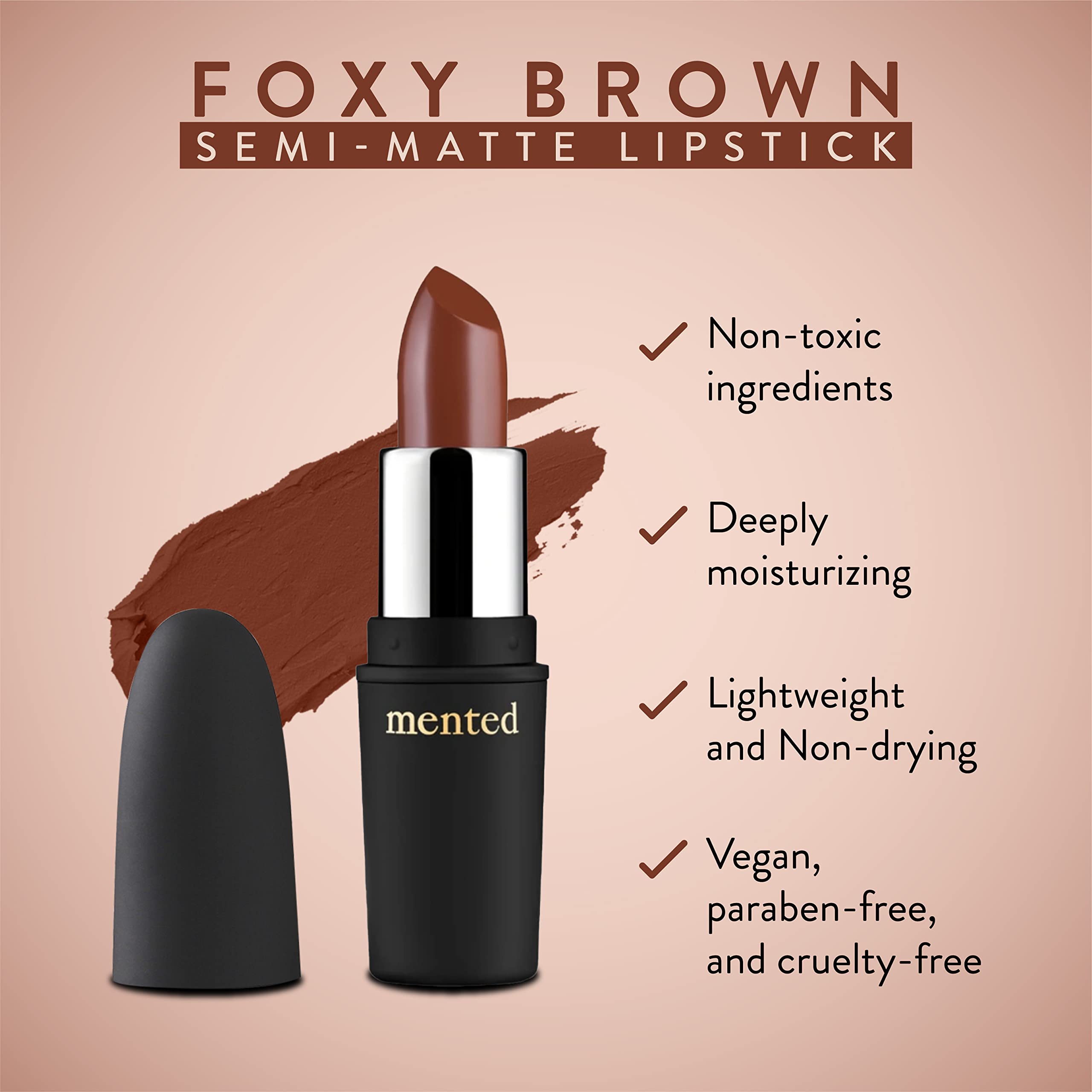 Mented Cosmetics Nude Lipstick for Women, Semi-Matte Long-Lasting Lip Stick, Moisturizing Vegan, Paraben & Cruelty-Free, Enhances All Complexions, Perfect for Everyday Makeup, Foxy Brown