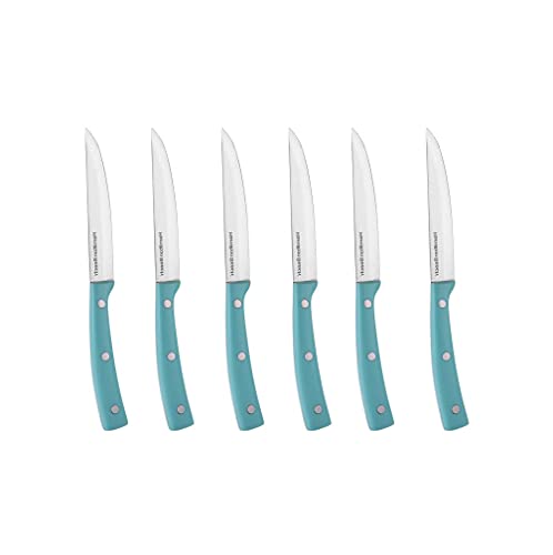 Hamilton Beach 14-Piece Kitchen Knife Cutlery Set, Aqua Blue Handles, Sharp Stainless Steel, Wood Block with Chef's, Santoku, Bread, Steak, Paring, Utility Knives, and Scissors