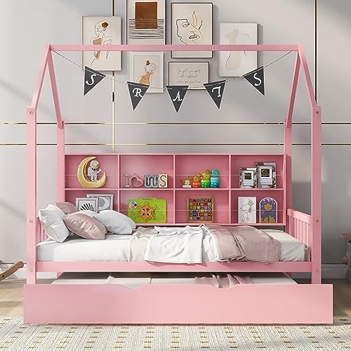 BIADNBZ Full Size House Platform Bed with Trundle and Storage Shelves, Wooden Daybed with Roof, Sofabed Frame for Kids/Teens Bedroom, Pink