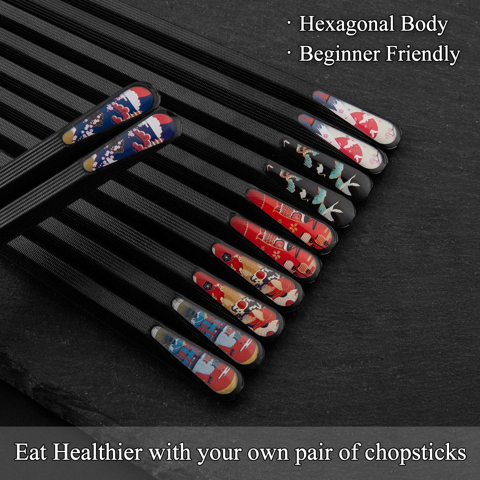 SUPJOYES 6 Pairs Fiberglass Chopsticks - Reusable Japanese Chopsticks Dishwasher Safe, Non-Slip Chop Sticks Multipack, 9.5 Inch