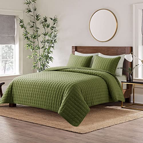 Green California Cal King Size Quilt Bedding Sets with Pillow Shams, Dark Sage Olive Oversized Lightweight Soft Bedspread Coverlet, Quilted Blanket Thin Comforter Bed Cover, 3 Pieces, 118x106 inches